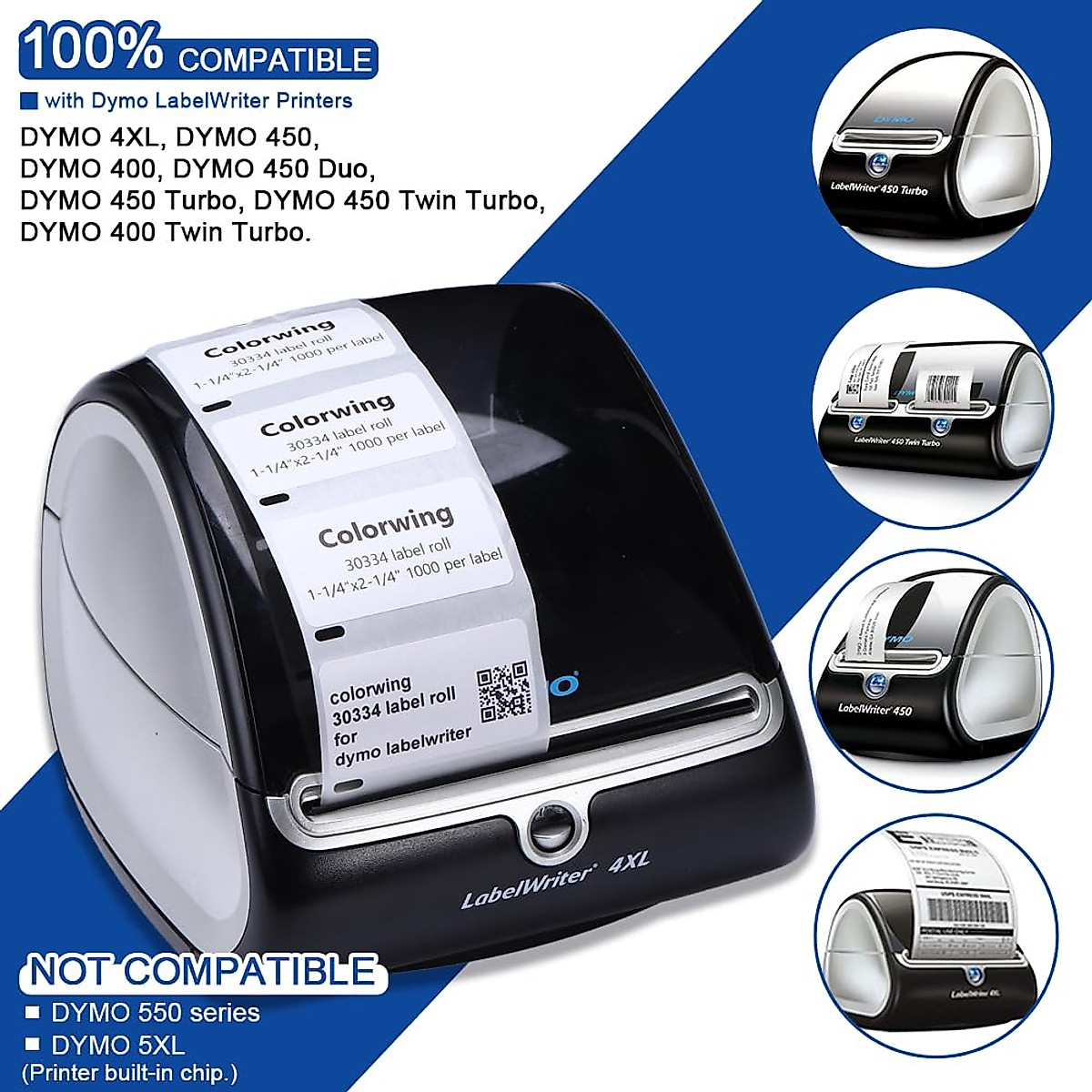 COLORWING Compatible DYMO 30334 (1-1/4" x 2-1/4") Multi-purpose Labels, Barcode/FNSKU/FBA, use with Dymo Label writer 450, 4XL Printers, 450 Turbo, Rollo & Zebra Printers, 8 Rolls/1000 Labels