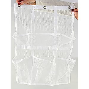 Home-X 6-Pocket Mesh Hanging Shower Caddy, Hang from Curtain Rods or Over the Door, Simple Bathroom Organizer for Soap, Shampoo, and More, 22" L x 15 ½” W, White