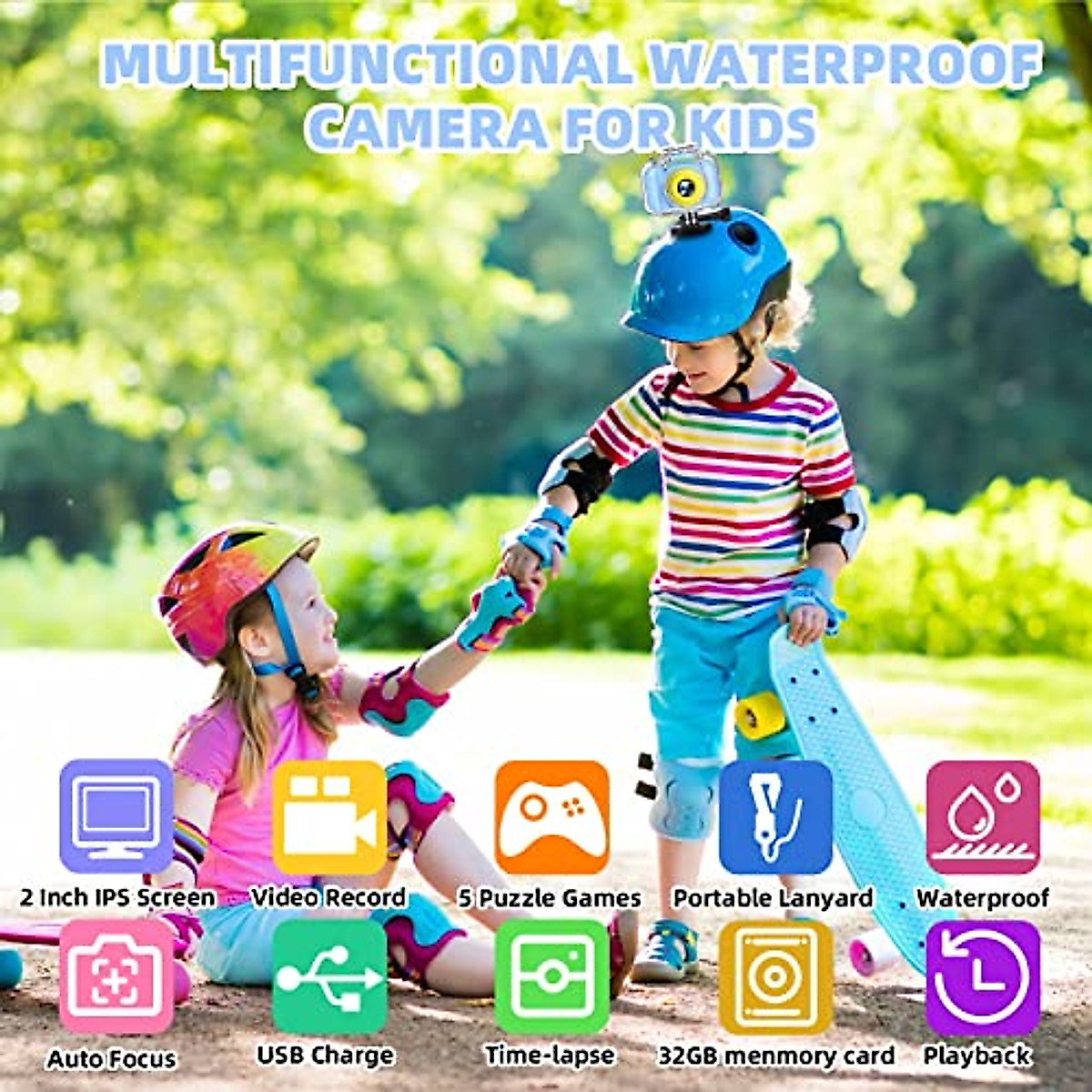 Miiulodi Kids Waterproof Camera - Birthday Gifts for 3 4 5 6 7 8 9 10 Year Old Boys 2 Inch IPS Screen Underwater Action Camera with 32 GB SD Card, Pool Toys for Kids Age 8-12 Blue