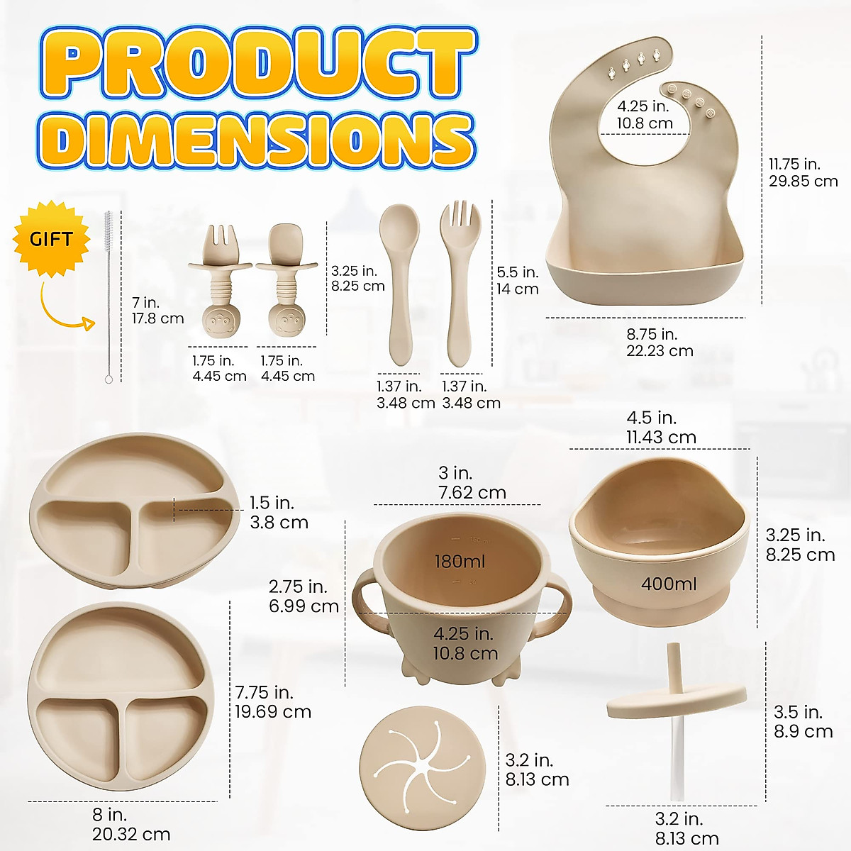 HippoBaby Baby Led Weaning Supplies | 10 Piece Silicone Feeding Set | Baby Toddler Bib Cup Divided Plate and Bowl Self Feeding Spoons Dish Set | Baby Utensils | Toddler Feeding Supplies (Beige)