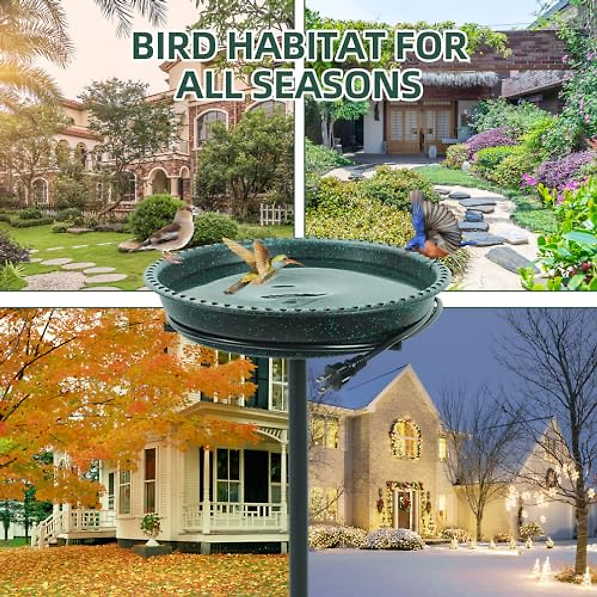 Heated Bird Bath for Outdoors for Winter, 75W Bird Bath Water Heater Bird Bath Deicer,Deep Bowl Thermostatic Control Weather Resistance Stylish Design with Planter Pedestal for All Seasons(Green)