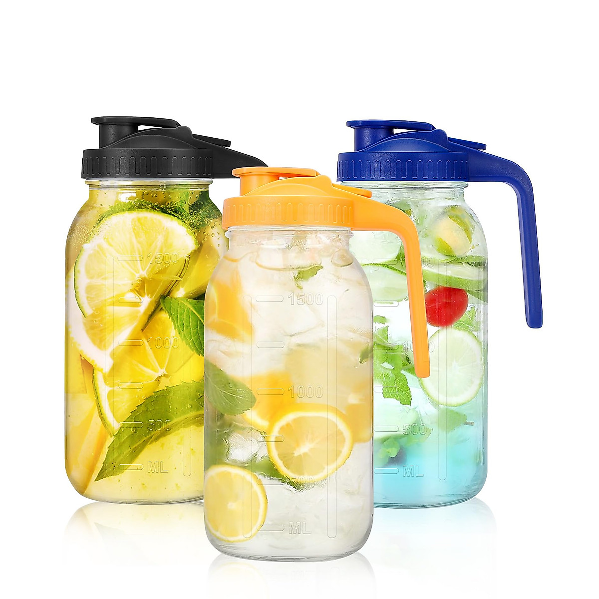 3 Pack 64 oz Wide Mouth Mason Jar Pitchers with Airtight Lids – Leak-Proof Glass Sun Tea Pitchers with Handle for Juices, Milk, Drinks, and Iced Coffee