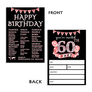 QZCYU 60th Birthday Invitations with Envelopes For Woman, 60th Birthday Party Invitations, Black & Rose Gold Adult Birthday Invitations - Set of 20