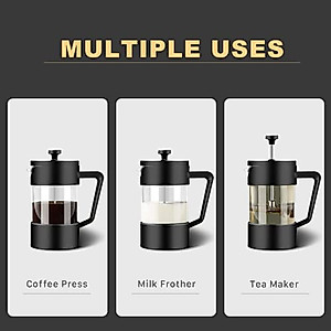 LVVMET French Press Coffee Maker 12oz/350mL, 304 Stainless Steel Filters and Thicken Borosilicate Glass, Black