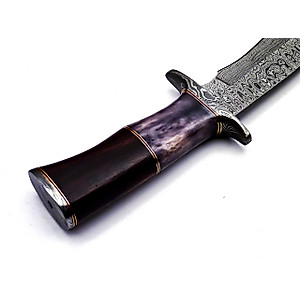 Nooraki BK-42 Handmade Damascus Steel Fixed Blade Bowie Knife with Leather Sheath, Full Tang Multipurpose Knife with Solid Marindi Wood and Bull Horn Bone Handle for Outdoor Use, 15", B/White