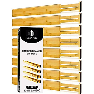 Expandable Bamboo Drawer Dividers 8 pack(17.5"-22")Drawer Organizer for Kitchen Organization,Clothes,Utensils,Silverware,Dressers,Office,Desk,Bathroom,Bedroom,Spring Loaded Adjustable Deep Separators