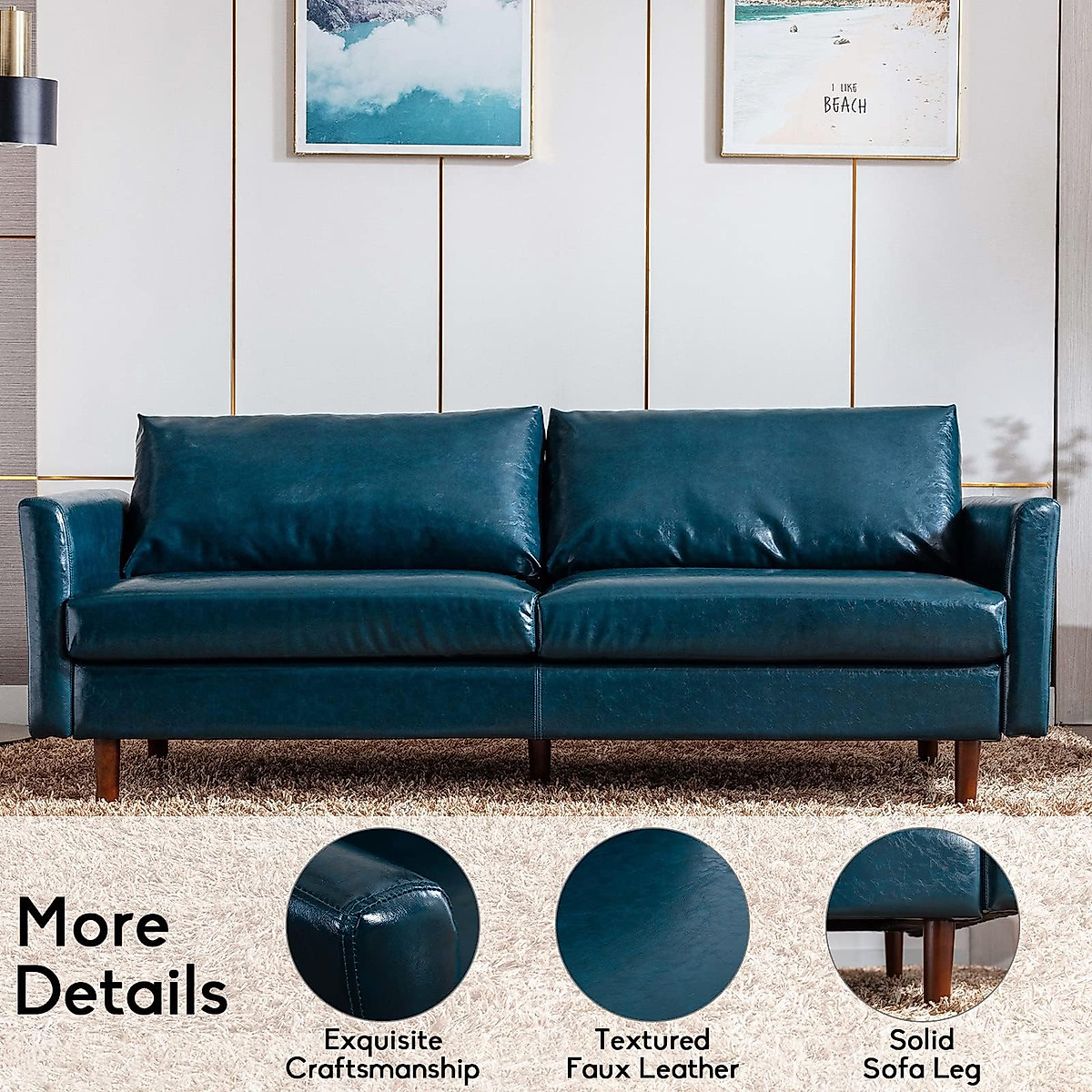 Dreamsir 80'' Faux Leather Sofa Couch, Mid-Century Modern Couch with Solid Wooden Frame & Padded Cushions, 3-Seater Couch for Living Room, Apartment, Lounge Room (Peacock Blue)