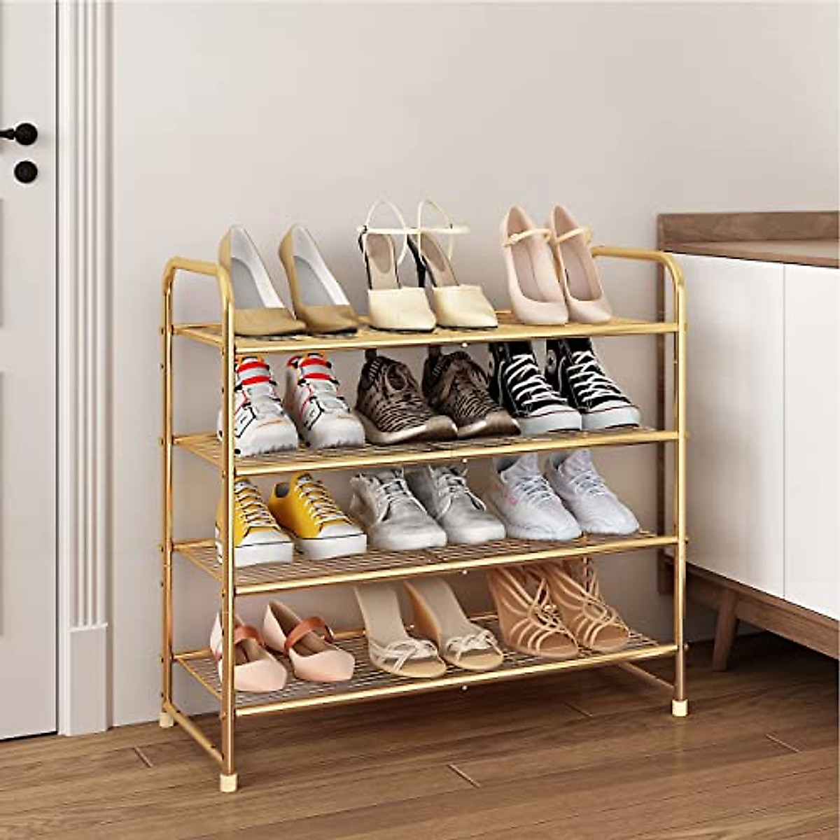 Simple Trending 4-Tier Stackable Shoe Rack, Expandable & Adjustable Shoe Organizer Storage Shelf, Wire Grid, Golden Yellow