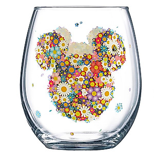 Jerry Leigh Multicolored Floral Mickey Mouse Outlined Stemless Drinking Glasses, Disney Souvenir Collectable Flower Print Adult Glass, 14.5 oz, 2 Pack, Multicolor