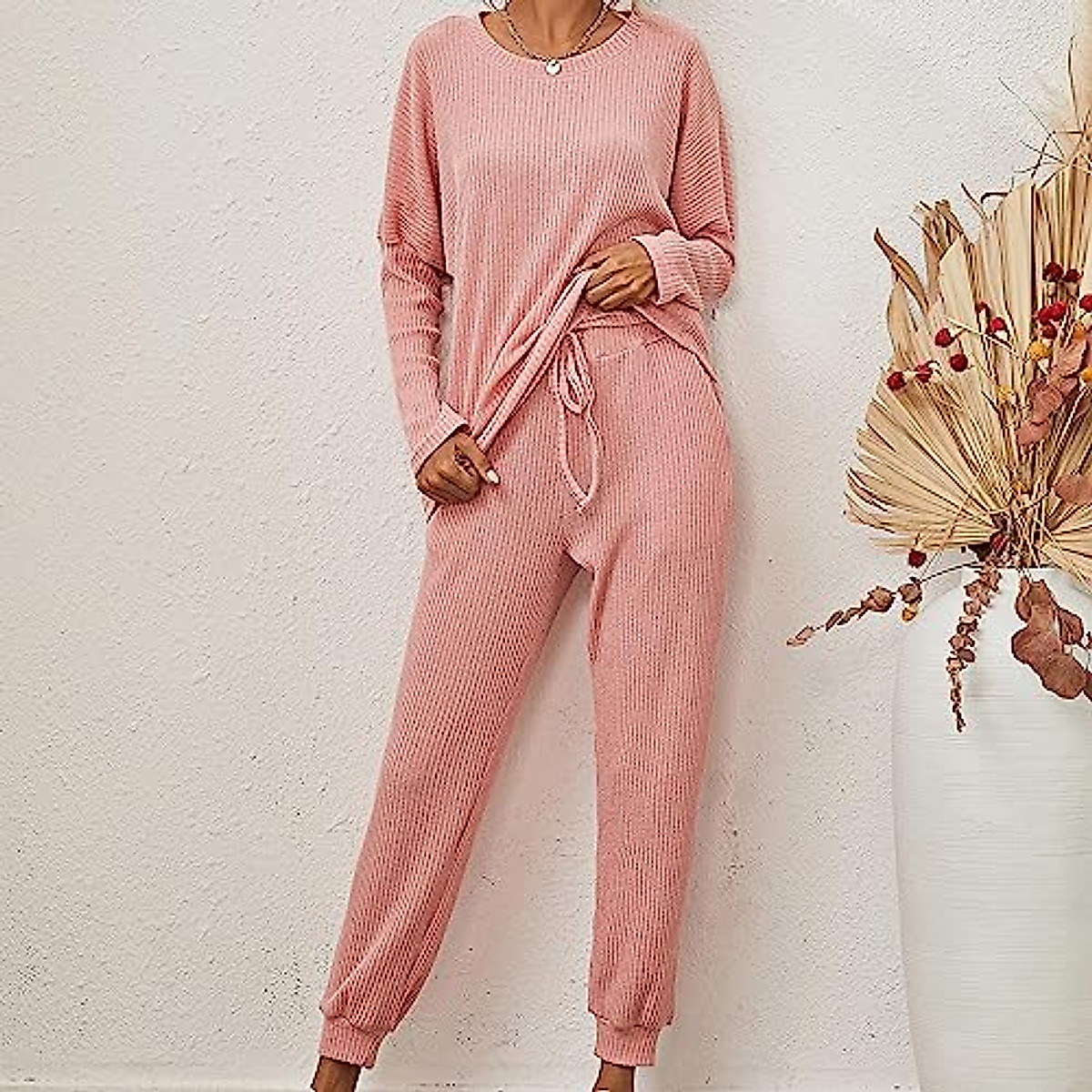 Sruiluo Two Piece Comfy Pjs Sets Crewneck Knitted Long Sleeve Sleepshirt and Drawstring Cinch Bottom Pants Casual Homewear Pink