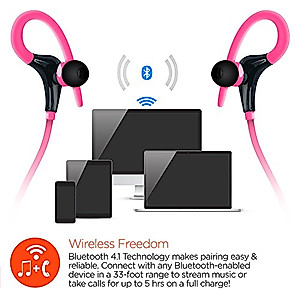 HyperGear Marathon Sport Wireless Bluetooth Earphones. Hands-free Music + Mic For Calls. Secure Fit & sweatproof For The Gym, Running & Walking (Pink)