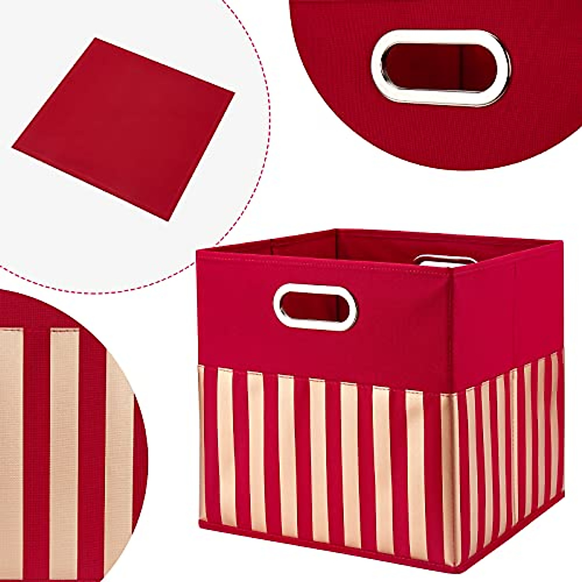 HSDT Fabric Storage Cube Bins 13x13x13 Inch Foldable Boxes Red Cloth Basket with Golden Strip Pattern for Shelves or Closet Organzier,QY-SC33-3