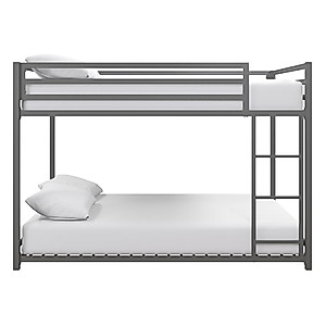 DHP Miles Low Metal Bunk Bed Frame for Kids, With Built-in Ladder, High Guardrail and Metal Slats, Floor Bed Bottom Bunk, No Boxspring Required, For Small Spaces, Full-Over-Full, Silver