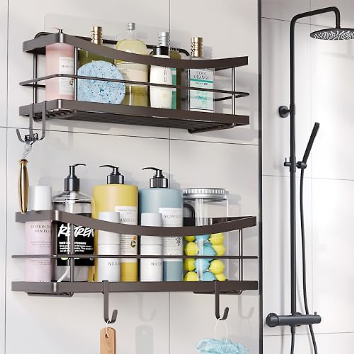 ODesign Shower Caddy Storage with Removable 4 Hooks Adhesive Shower Shelf Basket No Drilling Rustproof Bathroom Organizer - 2 Pack (Brown)