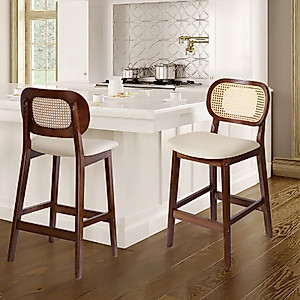 Counter Height Bar Stools Set of 3 Rattan Barstools with Back and Wood Frame, PU Leather Upholstered Bar Chairs, Mid Century Modern Farmhouse Counter Stool for Kitchen Island/Home Bar, Cream White