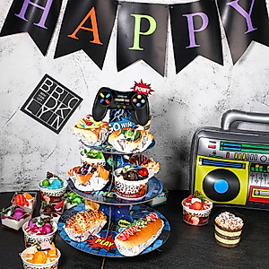 3-Tier Video Game Cupcake Stand Reusable Mini Game Theme Cake Stand Cardboard Gamer Cupcake Holder Stand for Birthday Theme Party Supplies Dessert Stand (Blue, Classic Style)
