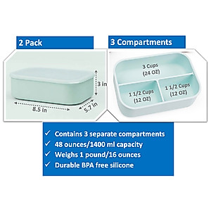 Cocina Vida 2 Pack Large Divided Food Storage and Meal Prep Containers - BPA Free Bento Box - Food Grade Silicone Lunch Box, 3 Compartment Leak Proof - 48 Ounce/1400 ml