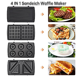Waffle Maker 4 in 1, Mini Waffle Maker with Removable Plate, Waffle Iron Waffle Machine, Non-stick Coating 750W Double-Sided Heating, LED Indicator Lights, Cool Touch Handle, Easy to Use & Clean