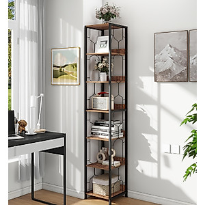 GiftGo 7-Tier Tall Narrow Bookshelf Corner Skinny Thin Bookcase Open Storage Display Rack Industrial Book Shelves Vertical Storage for Small Space Home Office Living Room (Rustic Brown, Narrow)