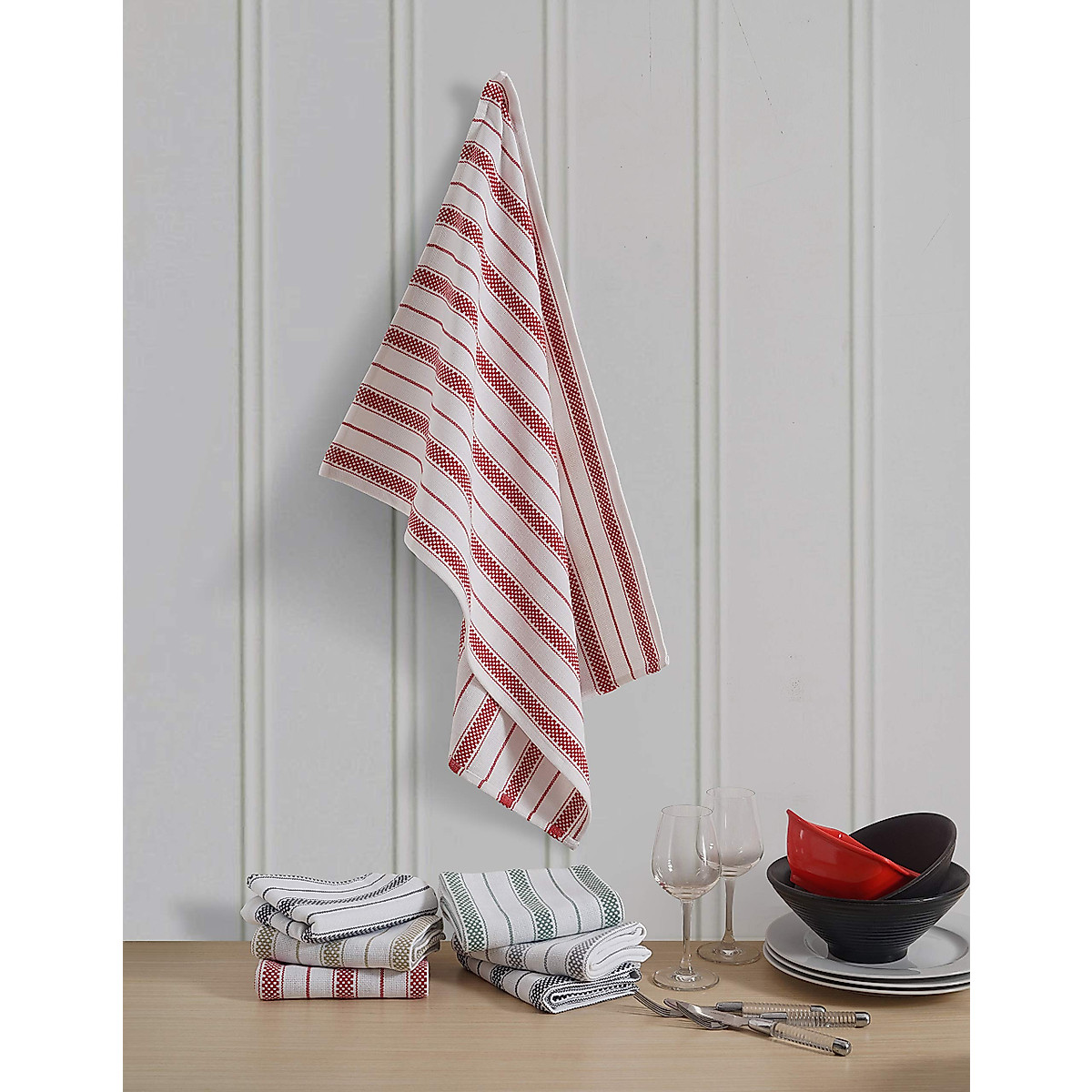 Casa De Lan Premium Kitchen Towels Pack of 6 - Dish Wipes for Kitchen - Chain Stripe Towels - Tea Towels for Kitchen - Hand Cloths - 100% Ring Spun Cotton - 20'' x 30'' - Black