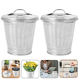 Zerodeko Outdoor 2Pcs Mini Trash Can, Small Galvanized Metal Garbage Can with Lid, Desktop Waste Bin Pencil Holder Cup Decorative Flower Pot Tabletop Decor for Home, Kitchen, Office, Mini