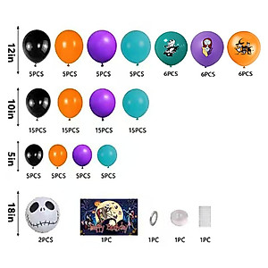 121 Pcs Nightmare Christmas Balloon Arch Kit, Halloween Decoration Set, blue purple orange black latex balloons,Halloween Foil Balloons and background, for Halloween party Decoration
