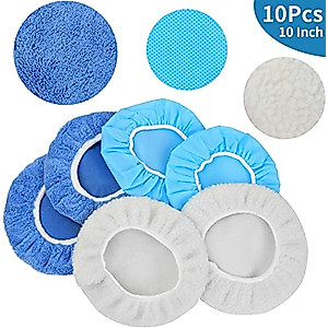 URLWALL 10PCS 9-10 inch Polisher Pad Bonnet Orbital Car Buffing Polishing Pad Cover - 5PCS Microfiber Polish Pad, 3PCS Car Wax Buffer Pads, 2PCS Woolen Fleece Polishing Bonnet for Car Waxing Machine