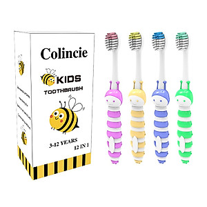 Colincie Kids Liking Cartoon Toothbrush Bee Design Cute&Fun Soft Bristles Individually Wrapped for Boys and Girls Toddlers 3-12 Year (Green Yellow Blue Pink)