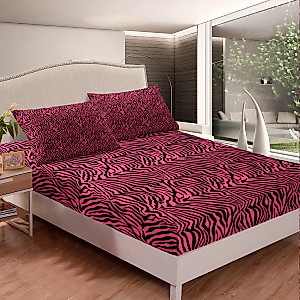 Girls Pink Black Fitted Sheet Zebra Stripes Bed Sheet Set Safari Animal Print Bedding Set for Boys Girls Kids Room Decor Zoo Animal Fur Print Lightweight Bed Cover Full Size 4Pcs Bedding Sheets
