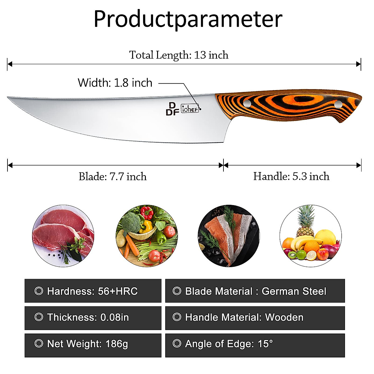 DDF iohEF Chef Knife 8 inch, Super-Sharp High Carbon Stainless Steel Kitchen Knife Ergonomic Wood Handle Durable Blade Cooking Cutting Chopping Knife with Gift Box