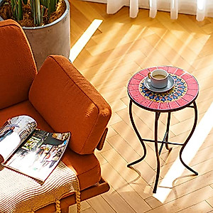 VONLUCE 21 Inch Mosaic Plant Stand, 14 Inch Round Side Table with Ceramic Tile Top, Indoor and Outdoor Accent Table, Outdoor Patio Furniture, End Table for Garden Patio Living Room More, Red