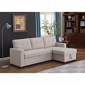 Wakefit Sectional Sofa Couch, 4-in-1 Sleeper Sofa Bed with Reversible Storage Chaise Pull Out Couch for Living Room | Hidden Stroge | Pull Out Bed | Removable Backrest | Linen Fabric, Beige