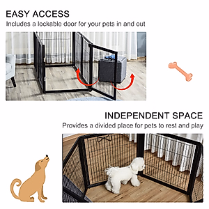 PawHut Transformable Pet Playpen 6 Freestanding Panels Gate Fireplace Christmas Tree Fence Stair Barrier Room Divider with Walk Through Door Wooden Frame Metal Mesh Black 63'' x 54.5'' x 31.5''