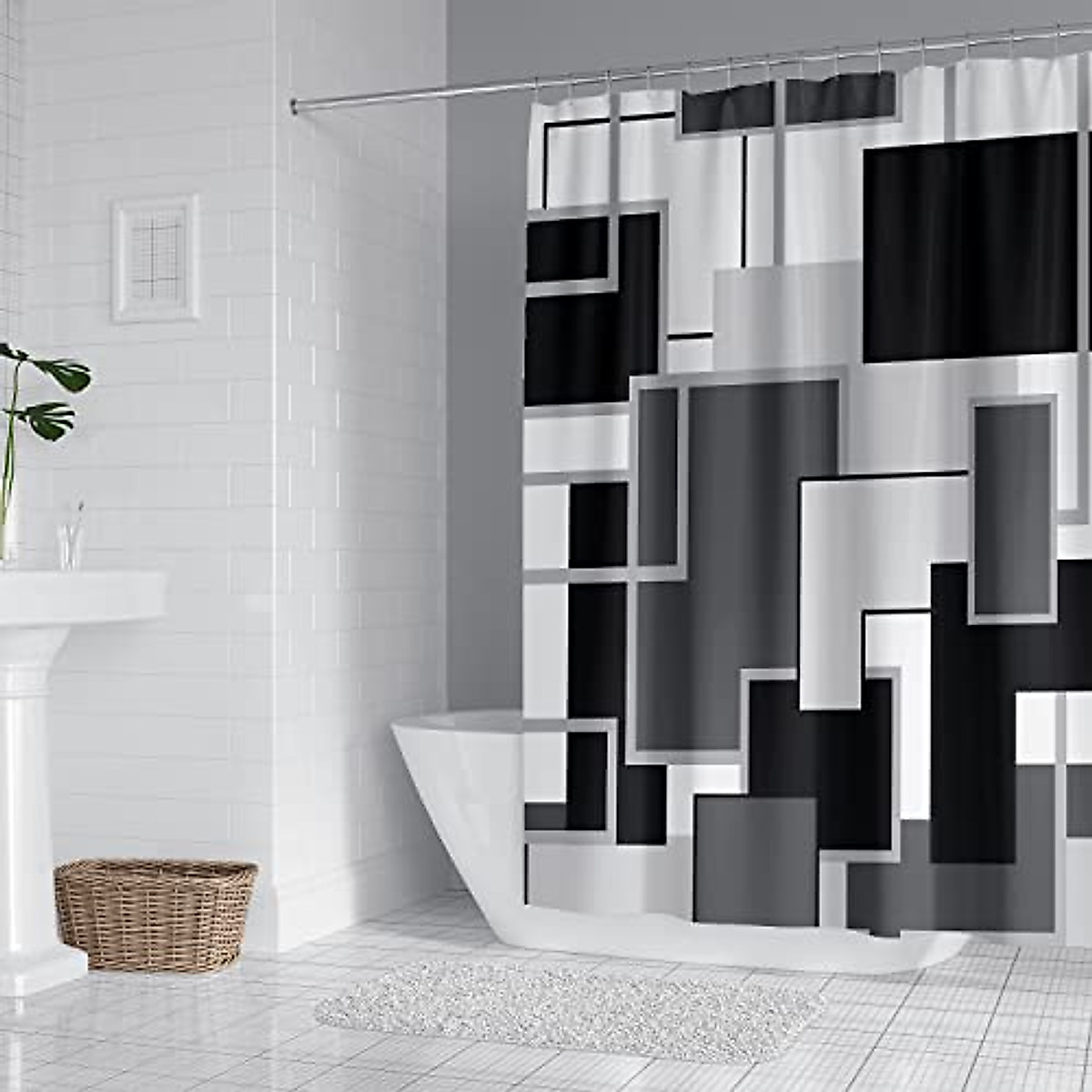 mamrug 4pcs Black Bathroom Shower Curtain Set,Modern Geometric with Non-Slip Rugs,U Shape Rug and Toilet Lid Cover Accessories,with 12 Hooks Waterproof Shower Curtains 72"x 72" Bathroom Decor