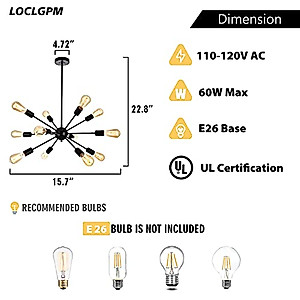 Loclgpm Modern Black Sputnik Chandeliers, 12 Light Metal Sputnik Light Fixture, Sputnik Chandelier Light for Living Room, Dining Room, Bedroom, Kitchen Island, Restaurant with Adjustable Base