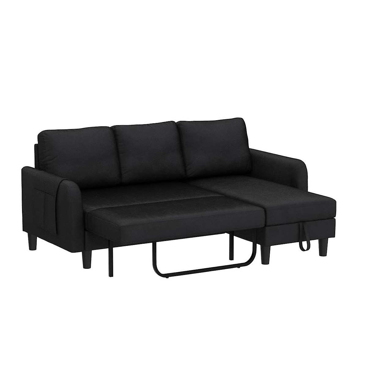 Modern Velvet Pull Out Sleeper Sofa Bed with Chaise, Comfy L Shaped Convertible Sleeper Couch with Storage and Pocket, Sectional 3 Seat Couch for Living Room Furniture or Office, Smooth Back - Black