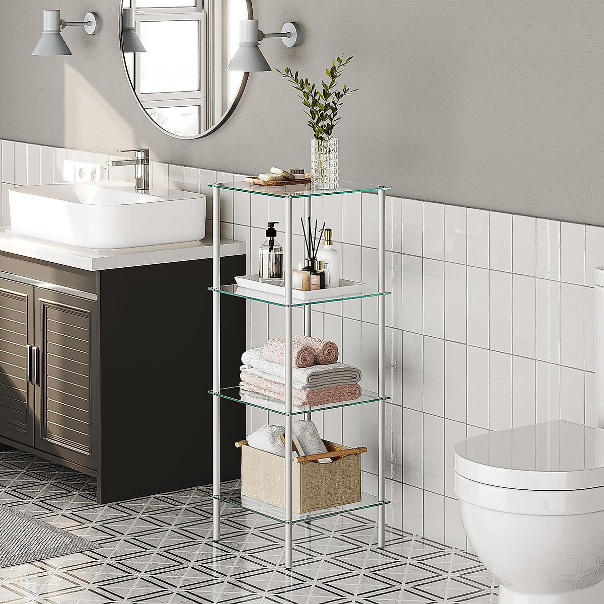 HOOBRO Glass Shelf, 4 Tier Standing Shelf Unit, Durable Glass Shelving Stand for Small Space, Space-Saving, for Bathroom, Bedroom, Home Office, Tempered Glass, Steel Frame, Silver SV04CJ01