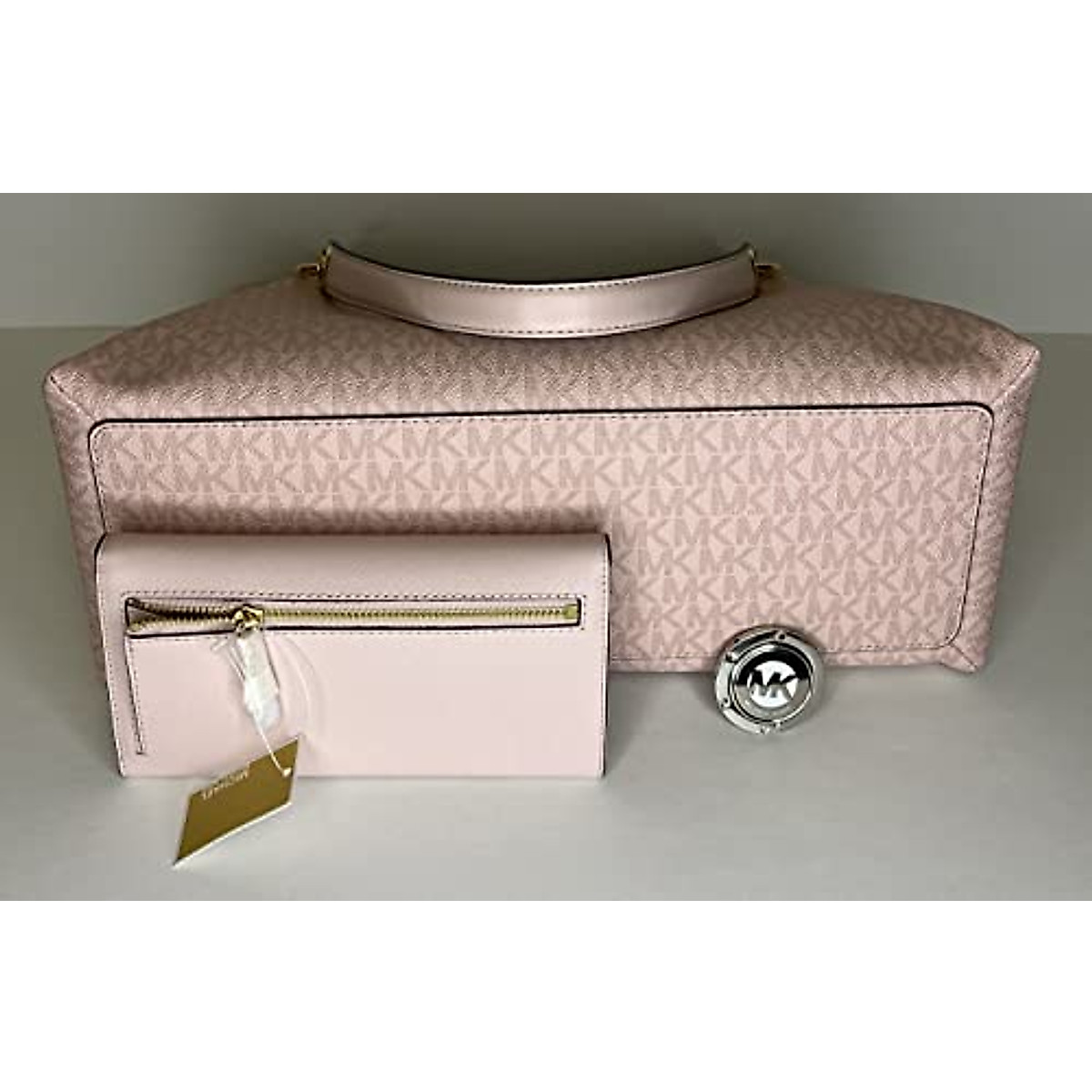 MICHAEL Michael Kors Trisha Large Triple Gusset Shoulder Tote bundled with Large Trifold Wallet and Michael Kors Purse Hook (Signature MK DK Powder Blush)