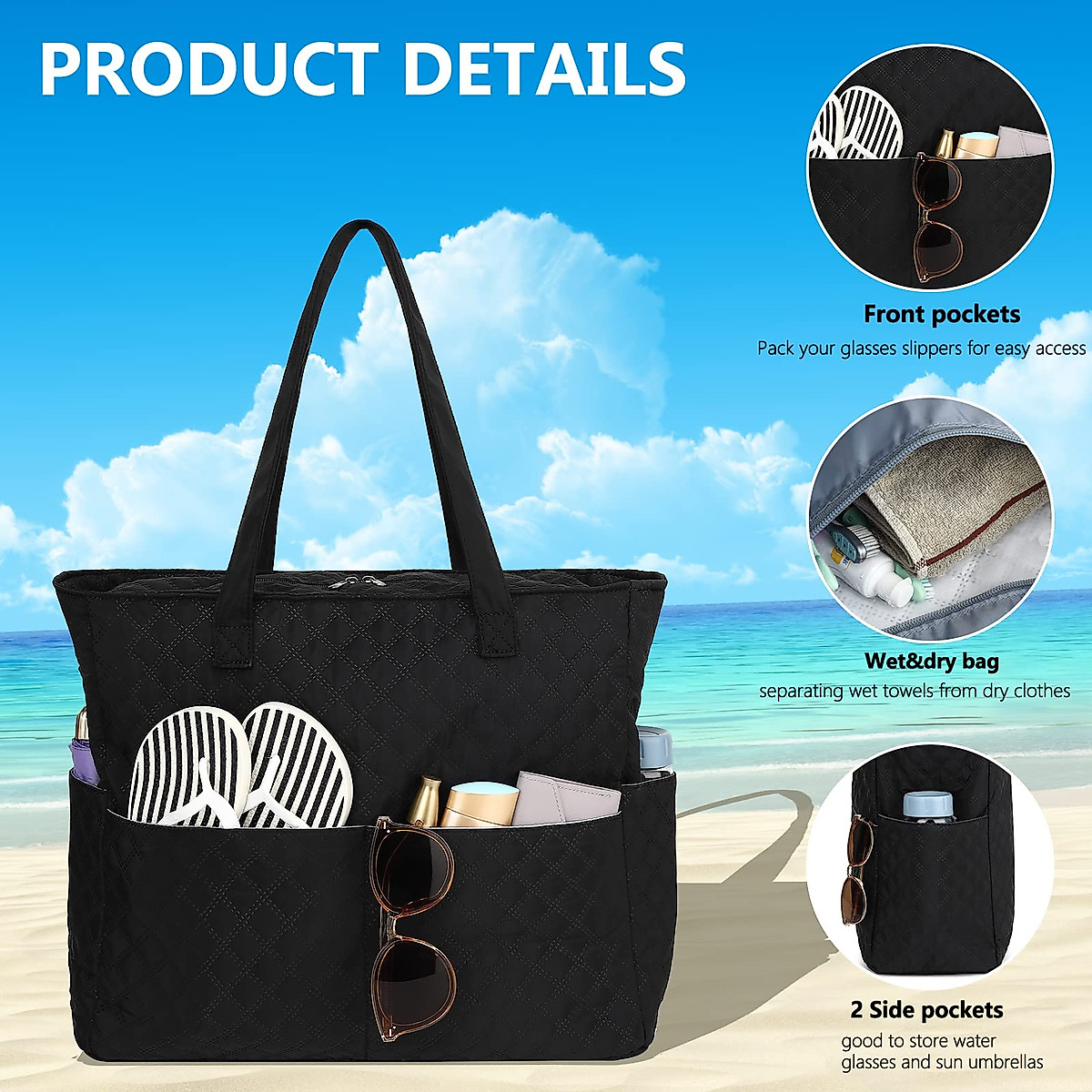 LEDAOU Large Beach Tote Bag Women Waterproof Sandproof Zipper Beach Tote Bag for Pool Gym Grocery Travel with Wet Pocket (Black)