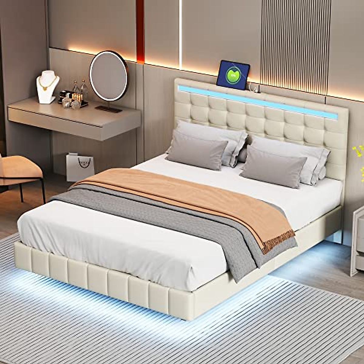 SIYSNKSI Modern Queen Upholstered Platform Bed with LED Lights, Floating Bed Frame with USB Charging and Headboard, Upholstered Platform Bed Frame for Kids Teens Adult Bedroom (Beige-055)
