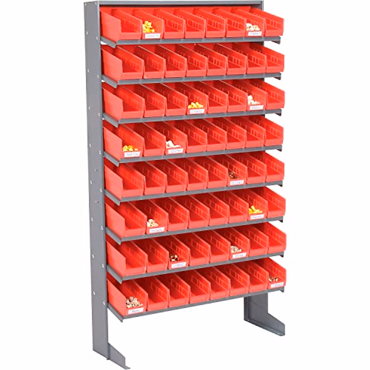 Global Industrial Floor Rack, 8 Shelves w/ (64) 4" W Red Bins, 33x12x61