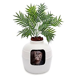Pets Best Products - The Original Hidden Litter Box, White with Phoenix Palm Plant and Lava Rock