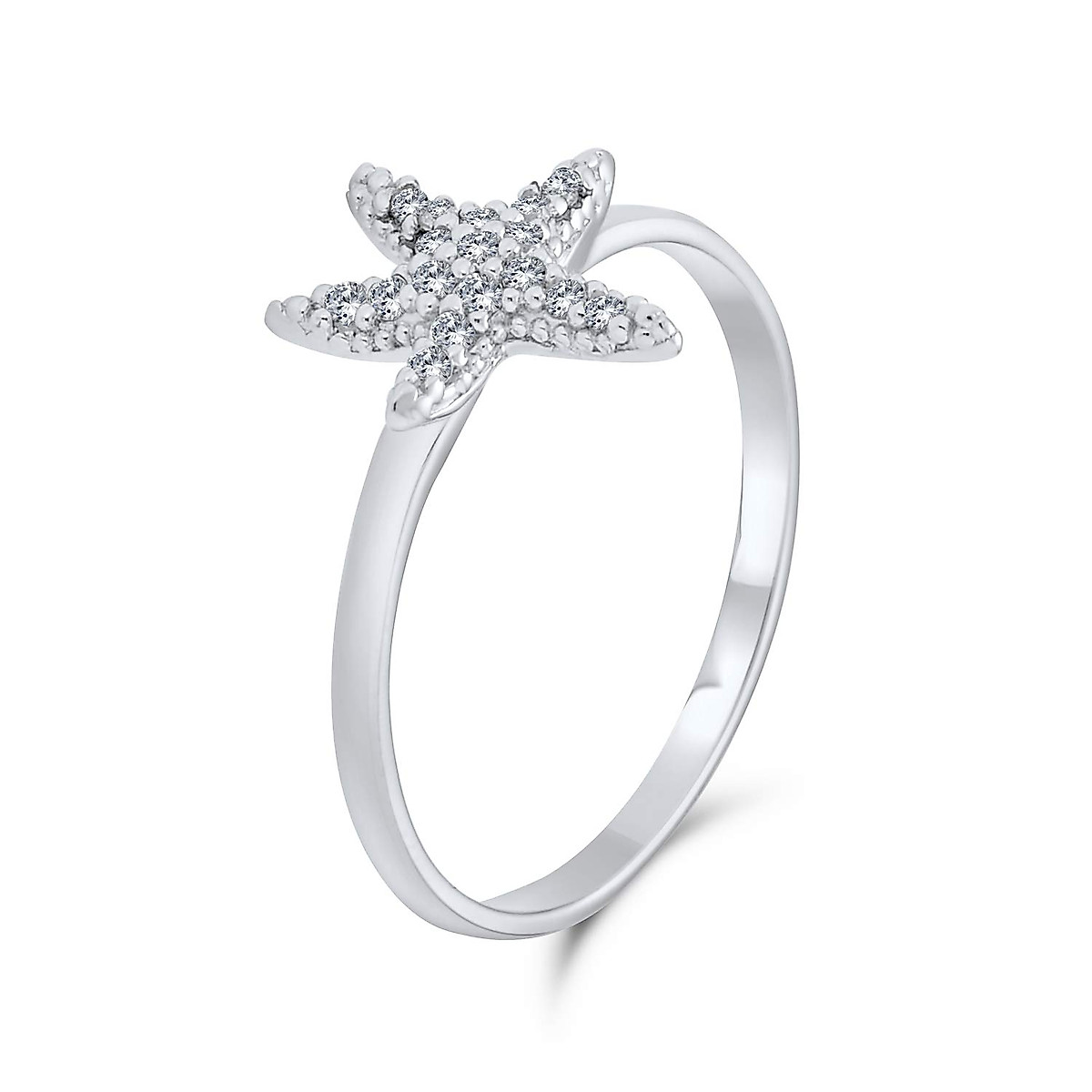 Tiny Pave Cubic Zirconia CZ Nautical Tropical Beach Starfish Ring For Teen For Women .925 Sterling Silver