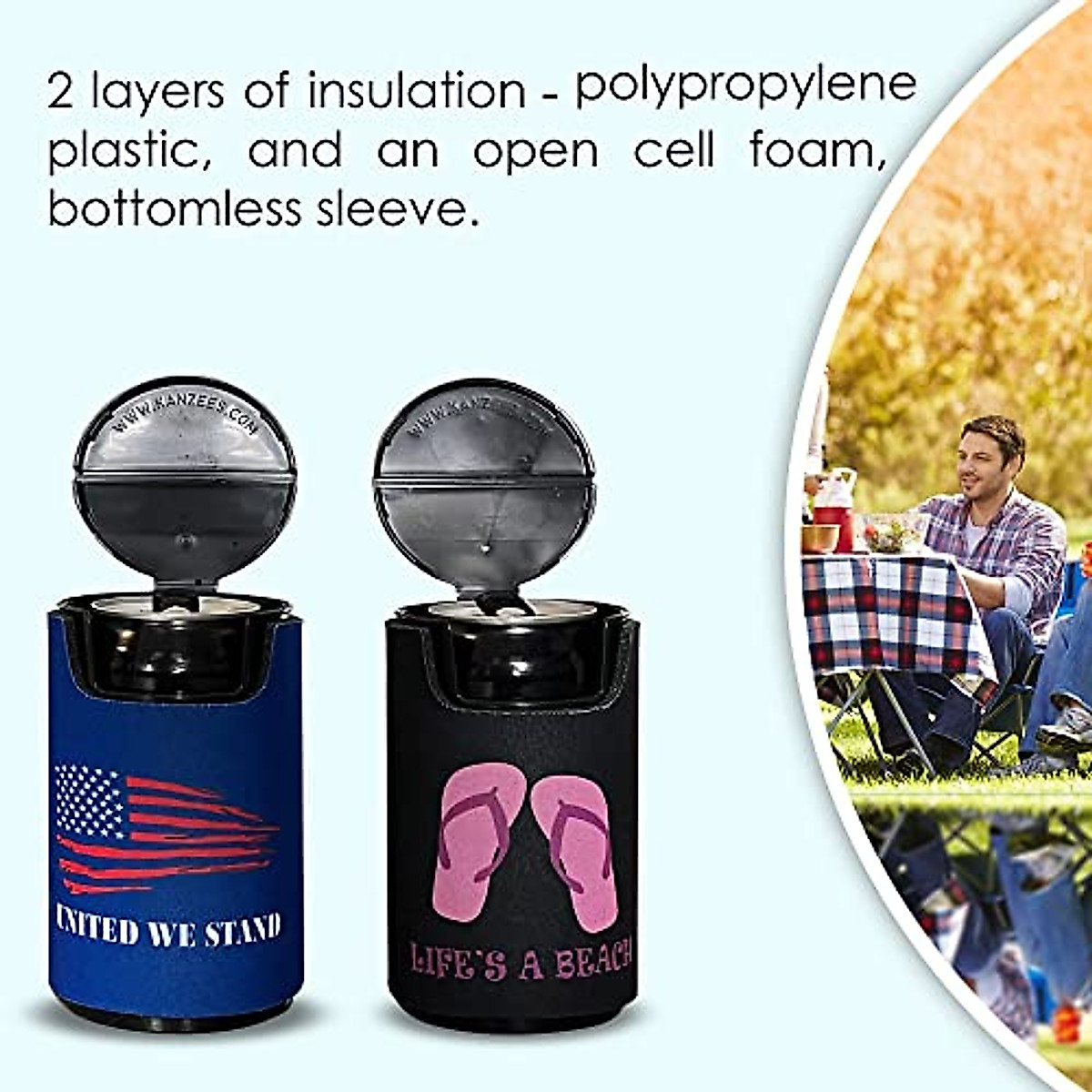 Kanzee Can Cooler Sleeves, Insulated Beer Can Sleeve Covers Easy-On Can Cooler Set of 2 - Assorted Color, Machine Washable, Durable, Stitched Fabric Drink at Good Temperature, Blue and Black 12oz