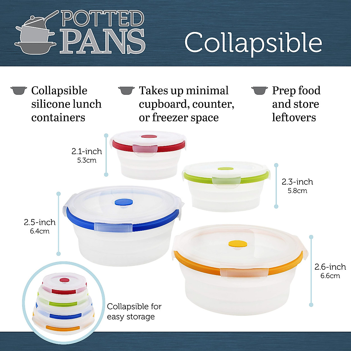 Potted Pans Collapsible Containers with Lids - 4pc Clear Stackable Food Silicone Storage Containers with Colorful Lids