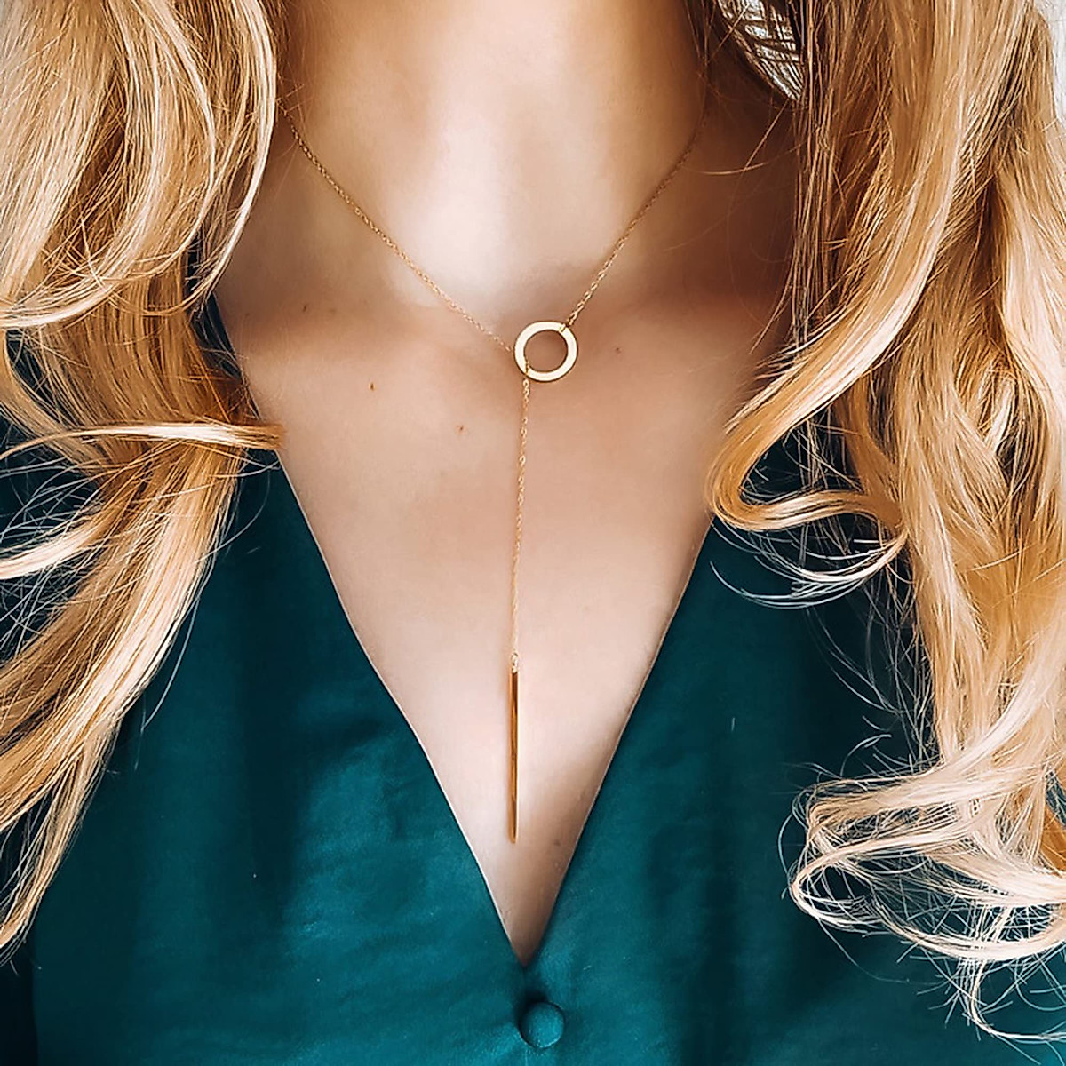Tewiky Circle Bar Necklace for Women, Dainty Gold Lariat Necklace 14k Gold Drop Y Necklace Simple Gold Necklaces for Women Trendy Delicate Gold Necklaces Aesthetic Jewelry for Women