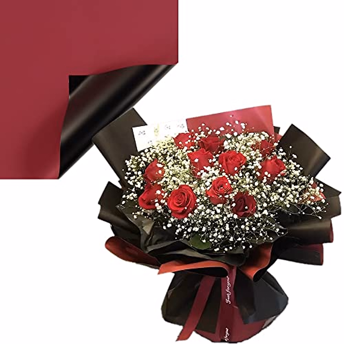 XIGUI 23InchDouble-Sided Colors Flower Wrapping Paper,Waterproof Floral Bouquet Wrap Thick Gift Packaging Supplies for Birthday Mother Day Baby Shower Wedding Valentine's Day（black red 40 Sheets