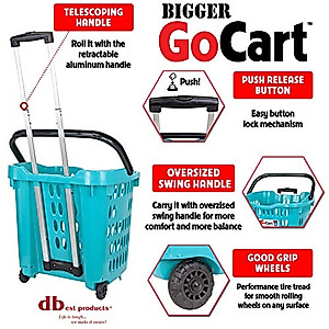 dbest products Bigger GoCart Grocery Cart Rolling Shopping Laundry Basket on Wheels Hamper with Telescopic Handle Cleaning Caddy Trolley, Teal, Bigger 1 pack