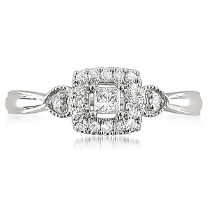 Beyond Brilliance 1/4 Carat Diamond, Prong-Set 10kt White Gold Princess Cut & Round Diamond Halo Promise Ring (I-J, I1-I2) Natural Diamond Promise Ring For Women | Gift Box Included