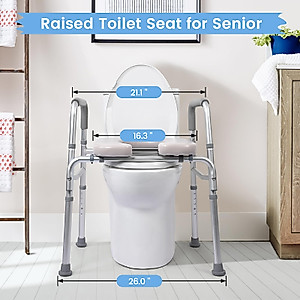 Raised Toilet Seat, 350LB Stand Alone Homecare Commode Bathroom Assist Frame for Elderly, Handicapped, Disabled, Adjustable Height, Padded Seat